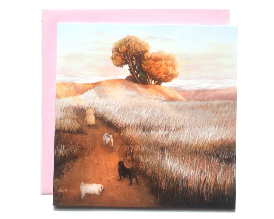 Pug Landscape Greetings Card: Fawn & Black Pugs, Pink Envelope - Etsy
