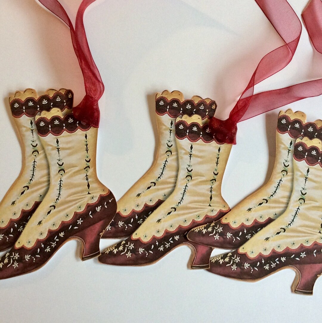 SCALLOPED BOOTS, Hand Cut, Victorian Boot Shaped Tags, Cream & Burgundy ...