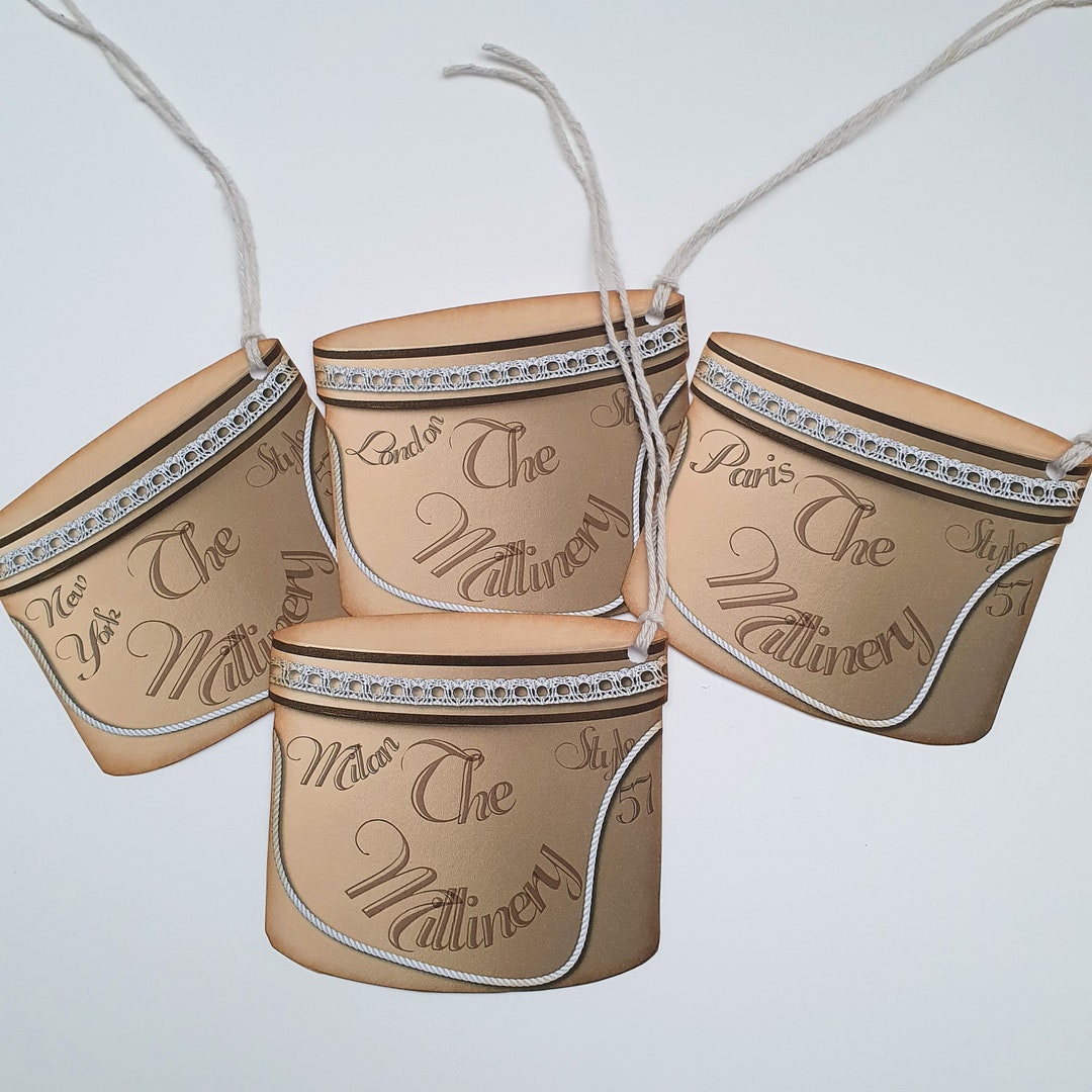THE GLOBAL MILLINER Hat Box Shaped, Hand Cut Tags - New York - London ...