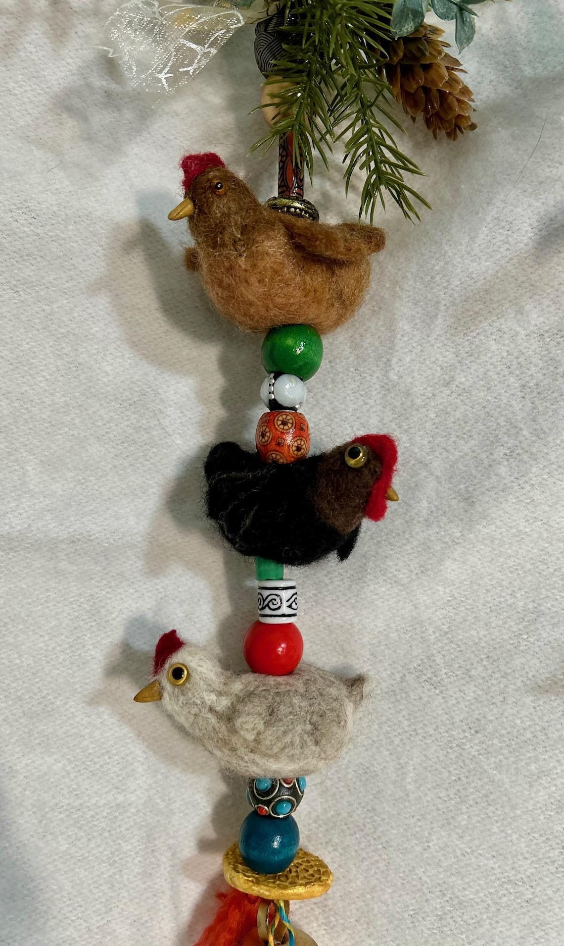 Good Fortune Prosperity Hens Garland With Bell, Needle Felted Hens ...