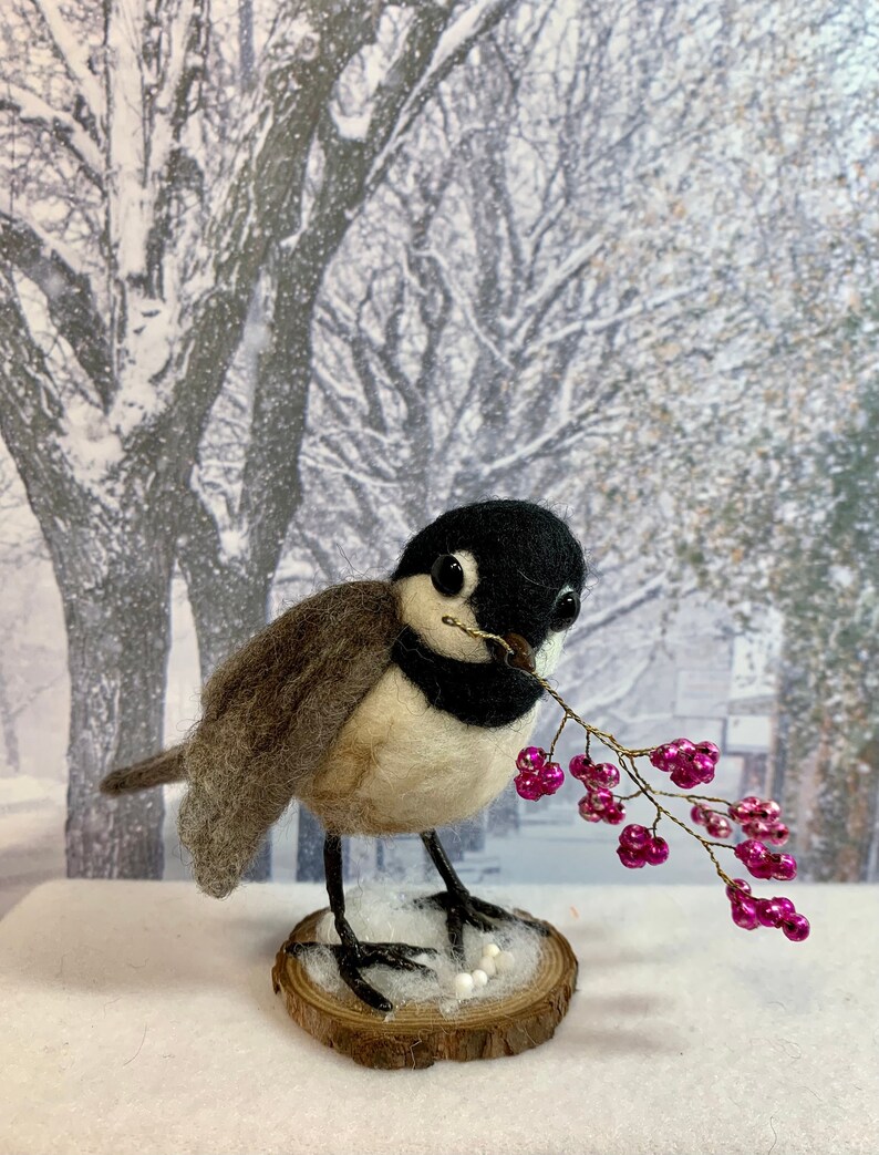 Needle Felted Chickadee With Vintage Pink Glass "berries" Ornament ...