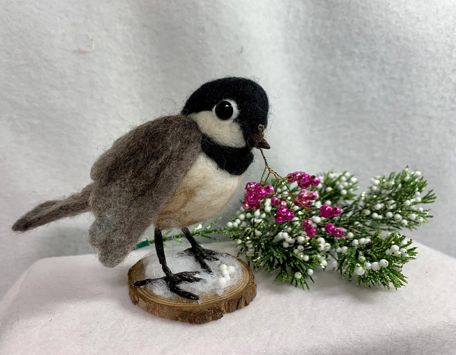 Needle Felted Chickadee With Vintage Pink Glass "berries" Ornament ...