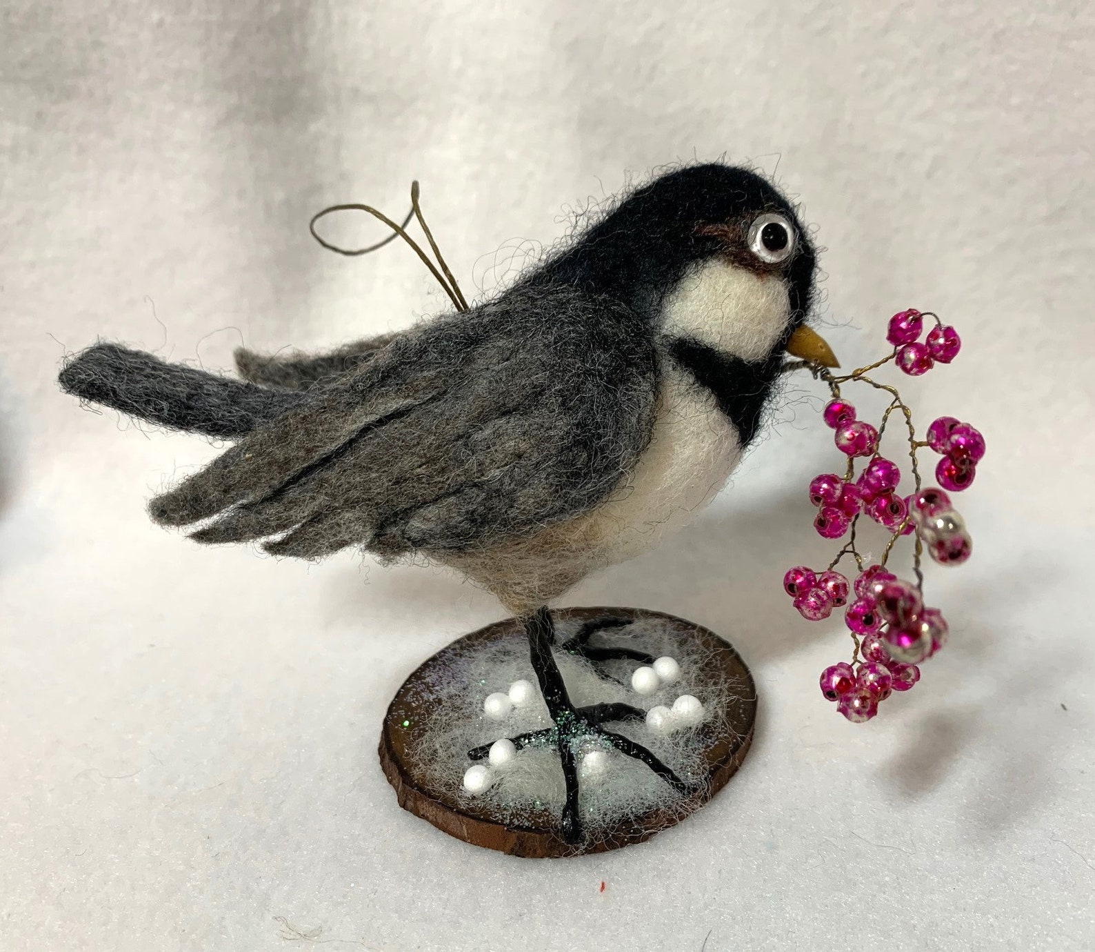 Needle Felted Chickadee With Vintage Pink Glass "berries" Ornament ...