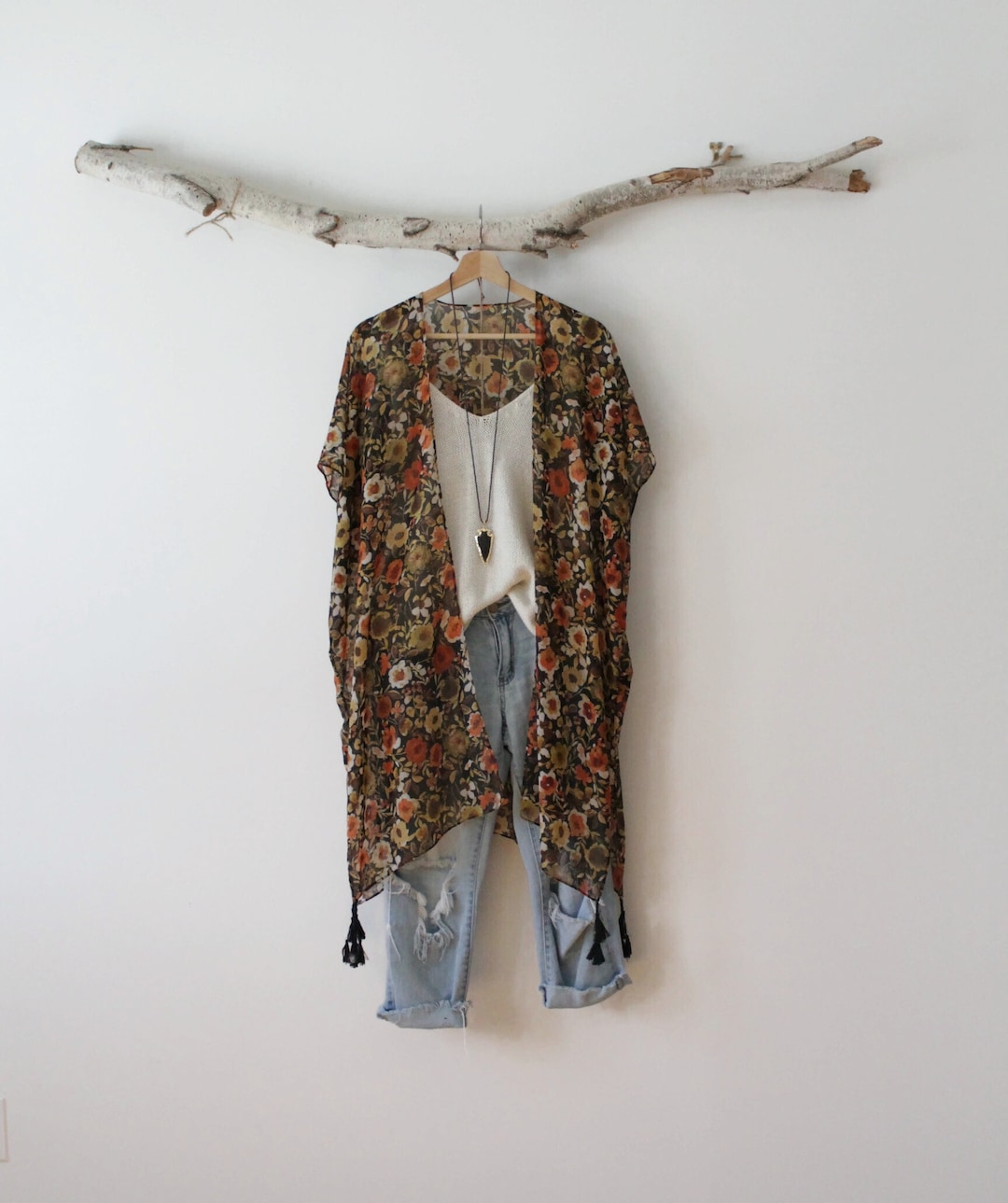 Kimono, RETRO , Flowy Bohemian Kimono With Floral Pattern, Cover-up ...