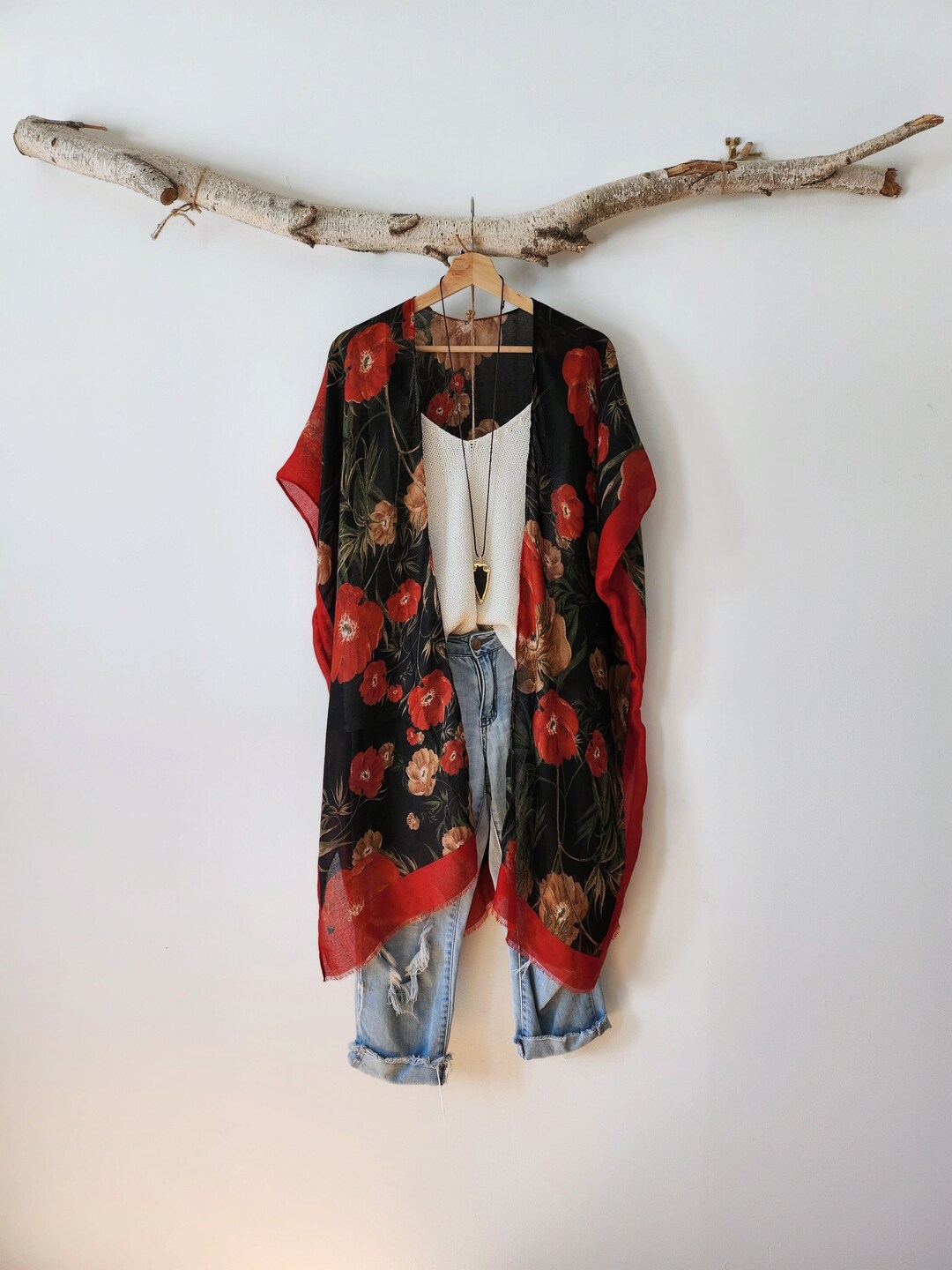 Kimono, POPPIES, Flowy Boho Kimono With Floral Pattern, Cover-up ...