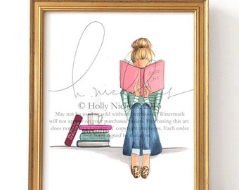 Library Girl fashion Illustration Print Girl Reading - Etsy