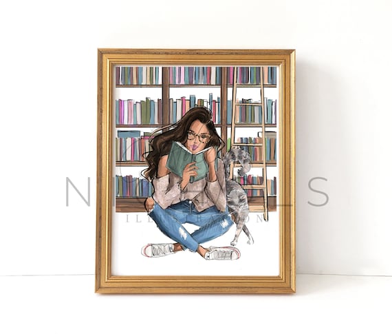 Library Girl fashion Illustration Print Girl Reading With - Etsy
