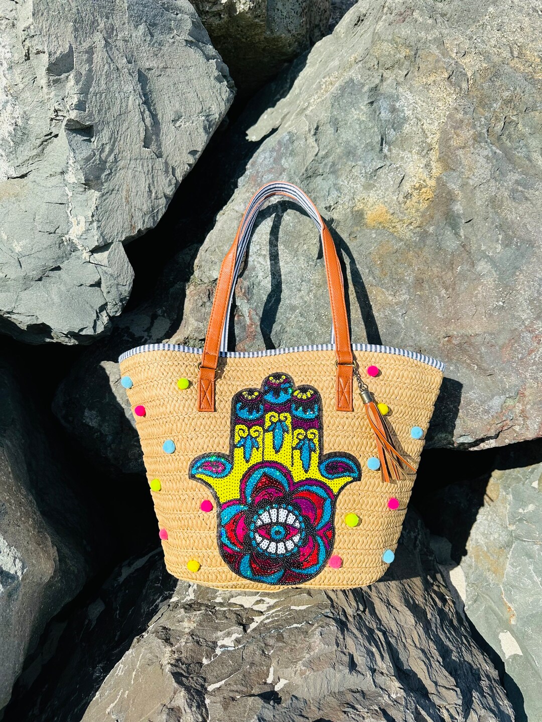 Evil Eye Bag, Evil Eye Tote, Straw Tote Bag, Hamsa Bag, Embellished Bag ...