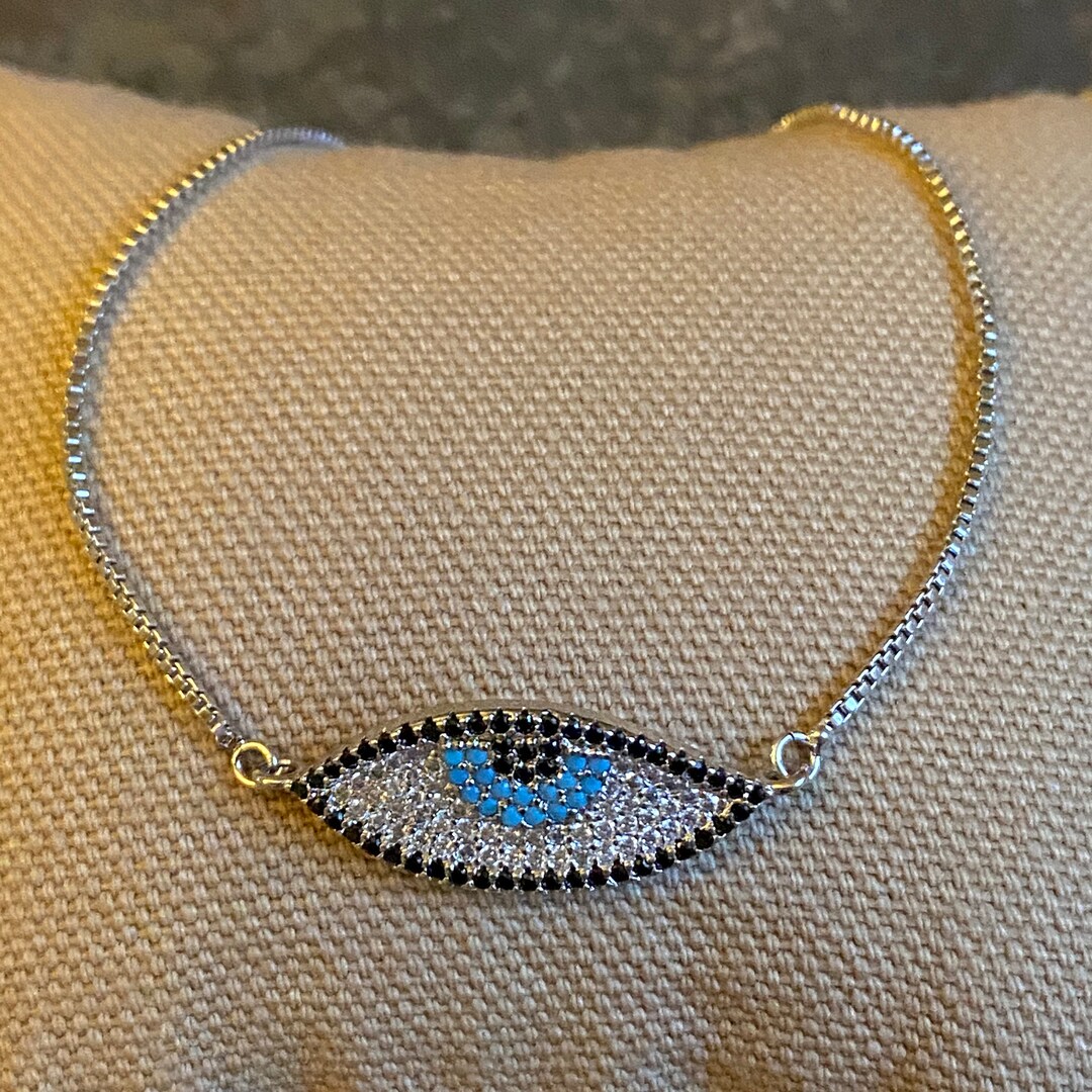 Evil Eye Chain Bracelet, Adjustable Evil Eye Bracelet, Cubic Zirconia ...