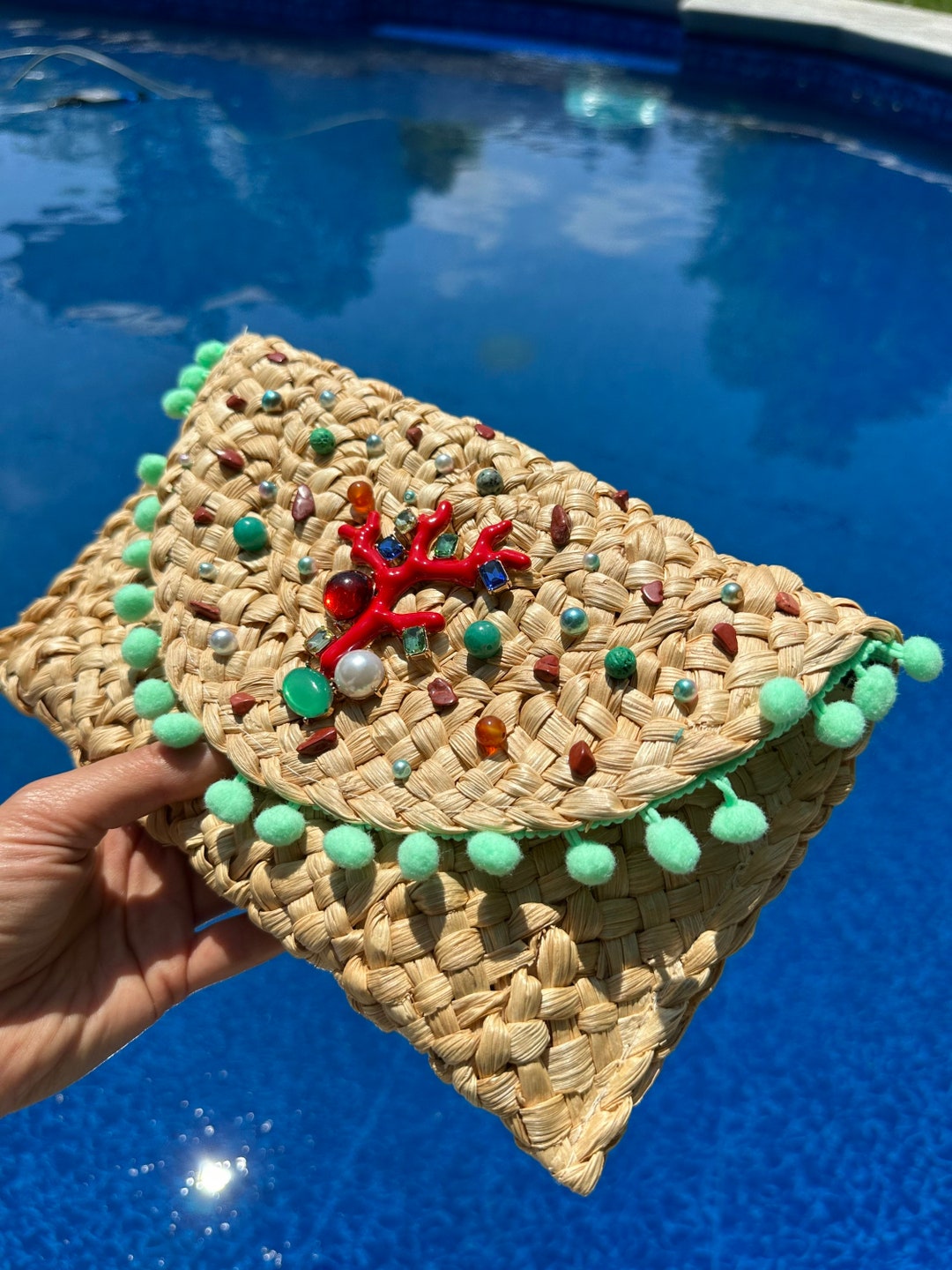 Coral Embellished Clutch, Straw Clutch, Beach Clutch, Beaded Clutch ...
