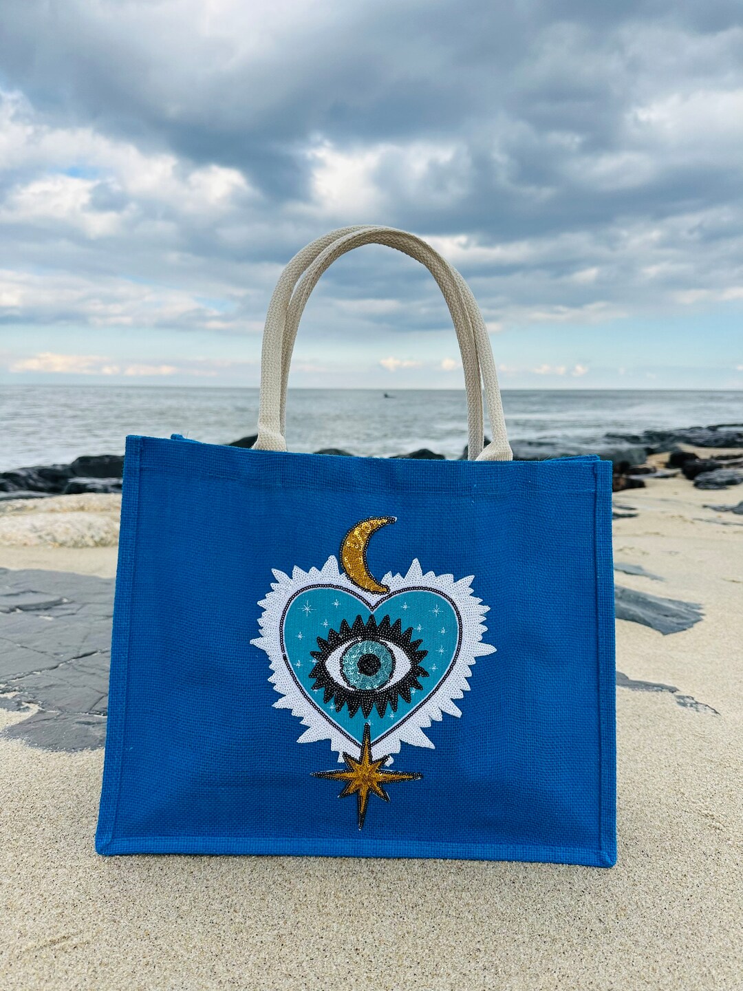 Evil Eye Burlap Tote, Blue Tote, Evil Eye Bag, Large Capacity Bag ...