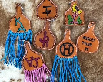 Hand Tooled & Carved Genuine Leather Cow Tag Keychain - Etsy