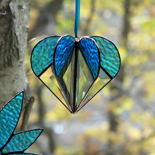 Stained Glass Heart Irridized Turquoise Stained Glass - Etsy