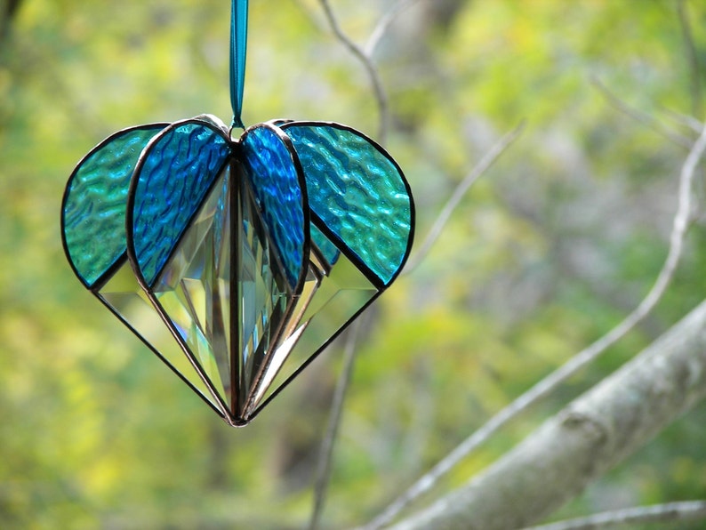 Stained Glass Heart Irridized Turquoise Stained Glass - Etsy