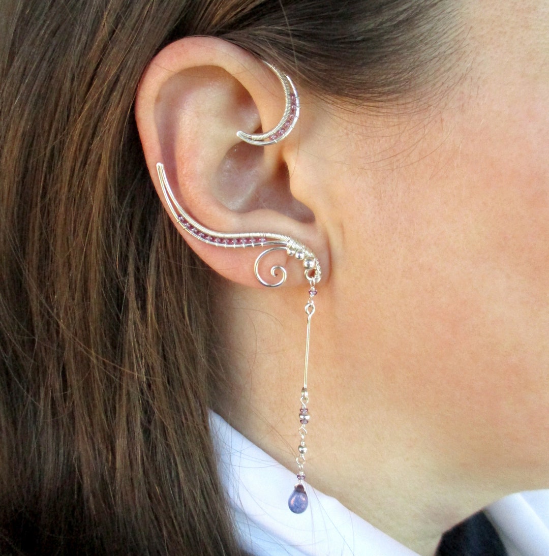 Purple Dangling Ear Cuffs Iris, Single Earring No Piercing, Beaded Long ...