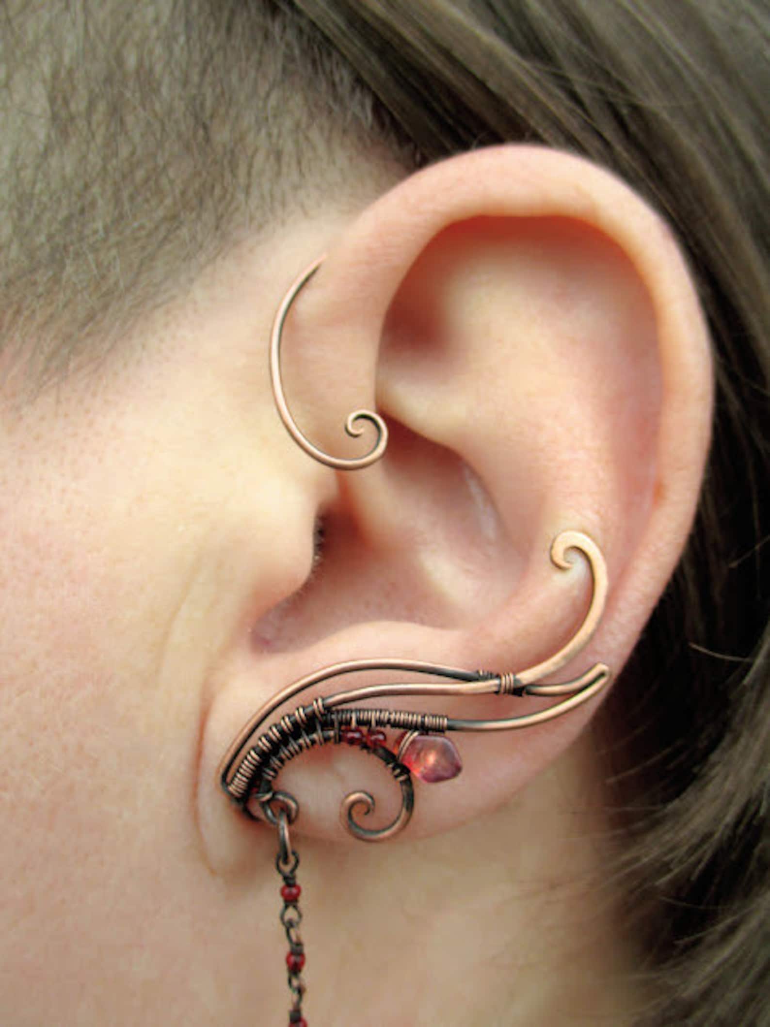 Pair of Ear Cuffs Core Copper Ear Cuffs, Beaded Dangle, Red Stone ...