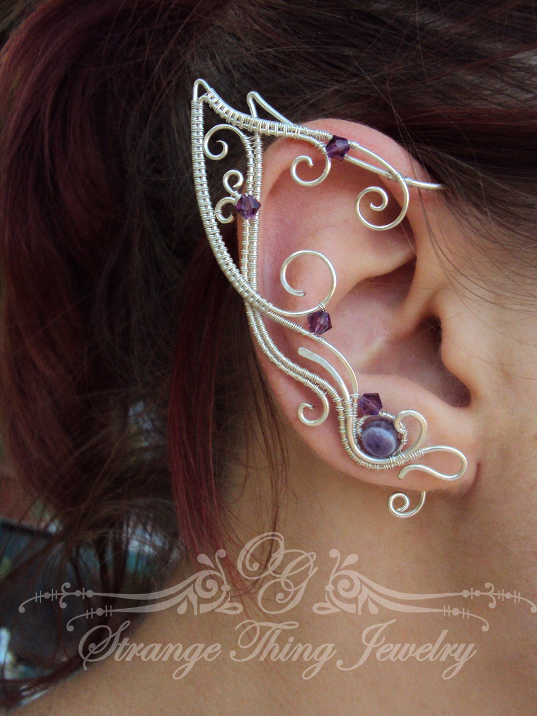 Elven Ear Cuffs Eternal - Pair of Silver Tone Elf Ears, Purple Beaded ...