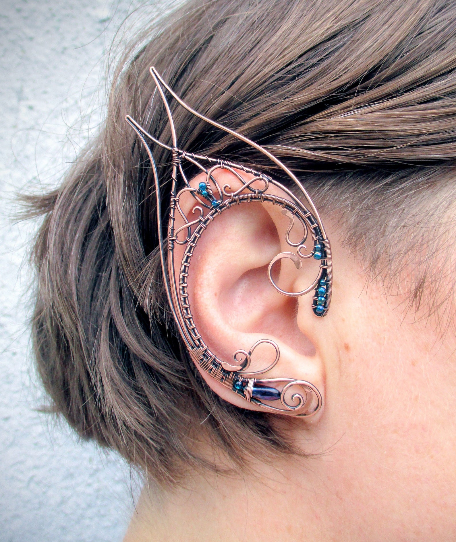 Copper Elf Ear Cuffs Erigeneia: Teal Beaded Elven Ear Jewelry, No ...
