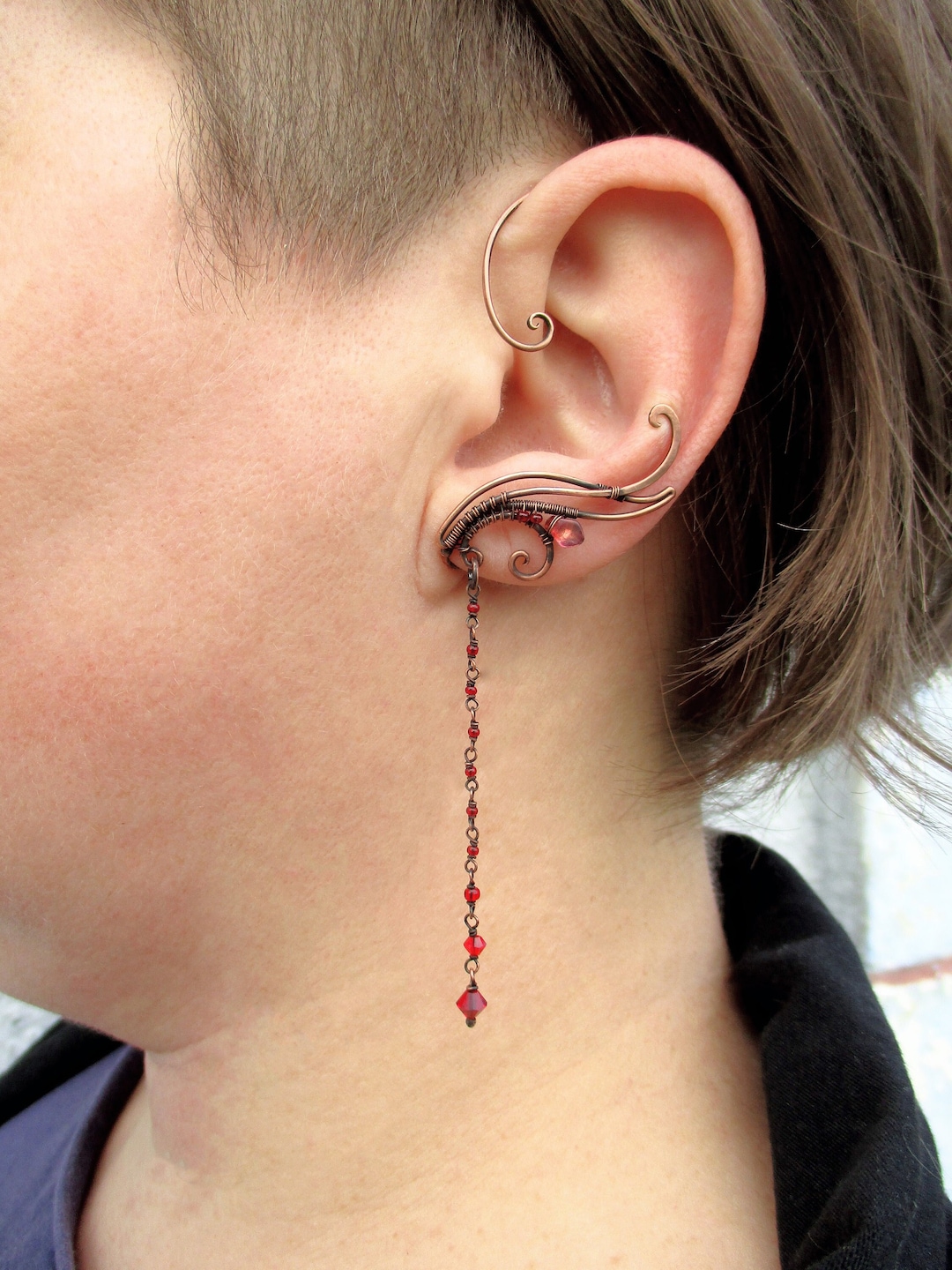 Pair of Ear Cuffs Core - Copper Ear Cuffs, Beaded Dangle, Red Stone ...