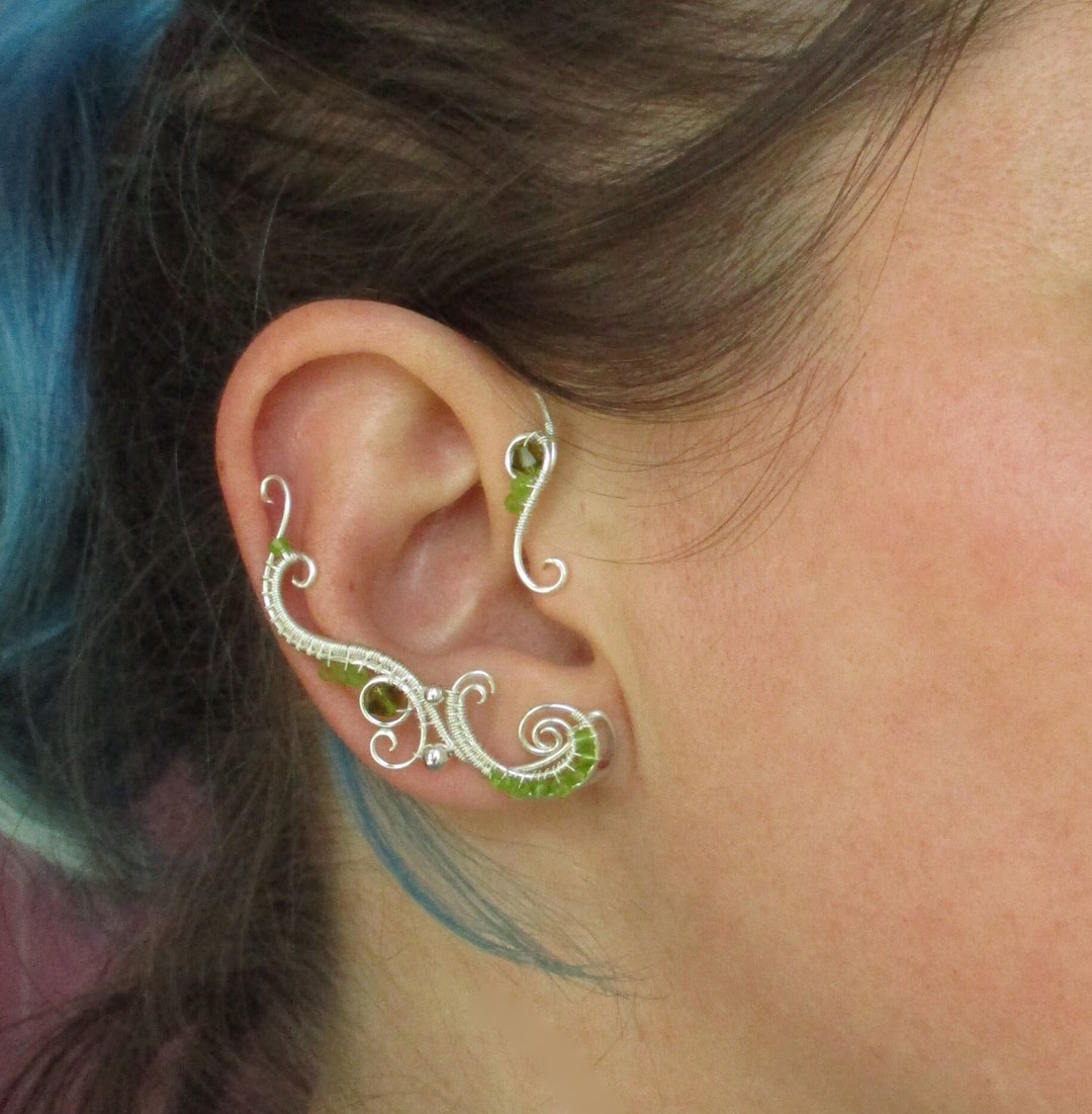 Pair of Ear Cuffs Pleiades - Single Olive Green Ear Cuff, Elven Earrings, Handmade Earring, Ear ...
