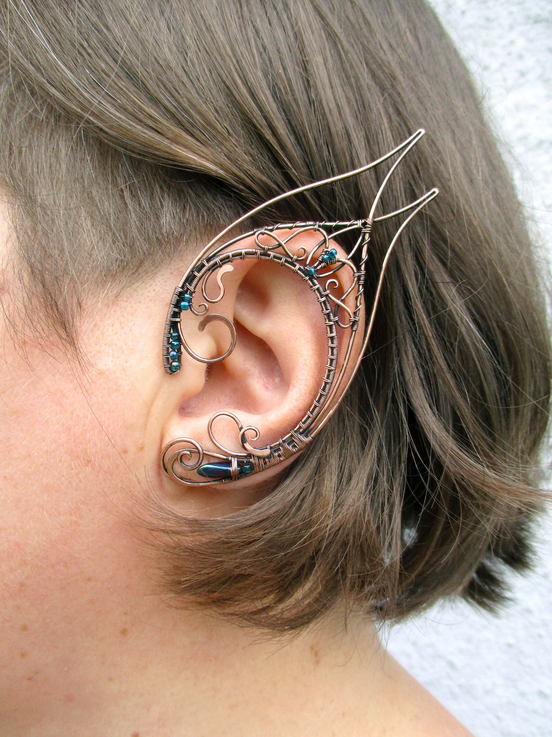 Pair or Copper Elf Ears With Teal Beads Erigeneia - Long Pointy Elven ...