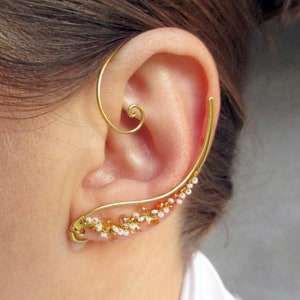 Brass Ear Cuffs Io - Yellow and White Beaded Ear Wraps, Single Earring ...