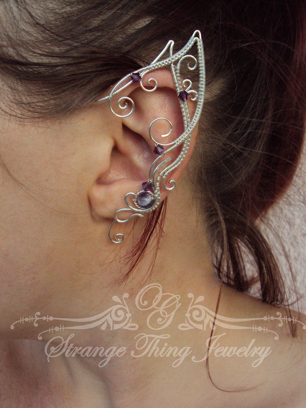 Elven Ear Cuffs Eternal - Pair of Silver Tone Elf Ears, Purple Beaded ...