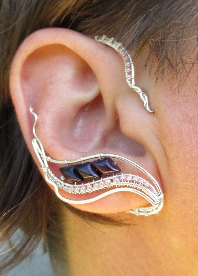 Pair of Silver Plated Ear Cuffs With Purple and Lilac Beads - Etsy