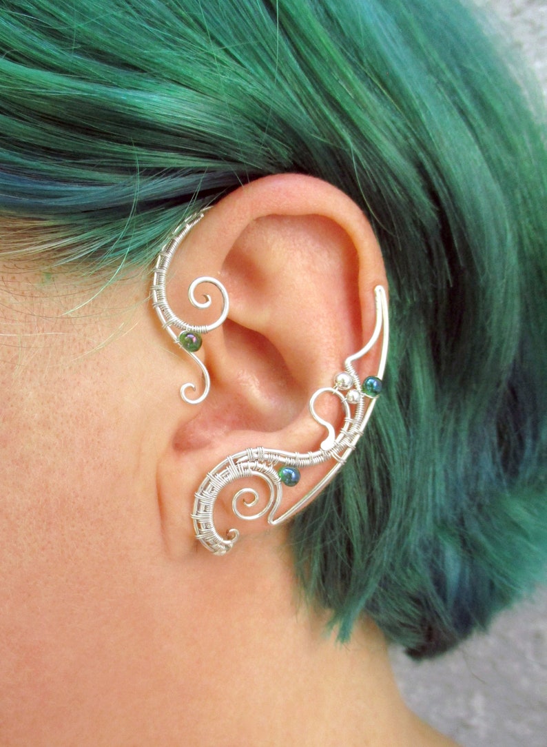 Ear Wraps Nemetres Silver Ear Cuffs With Green Beads Single - Etsy