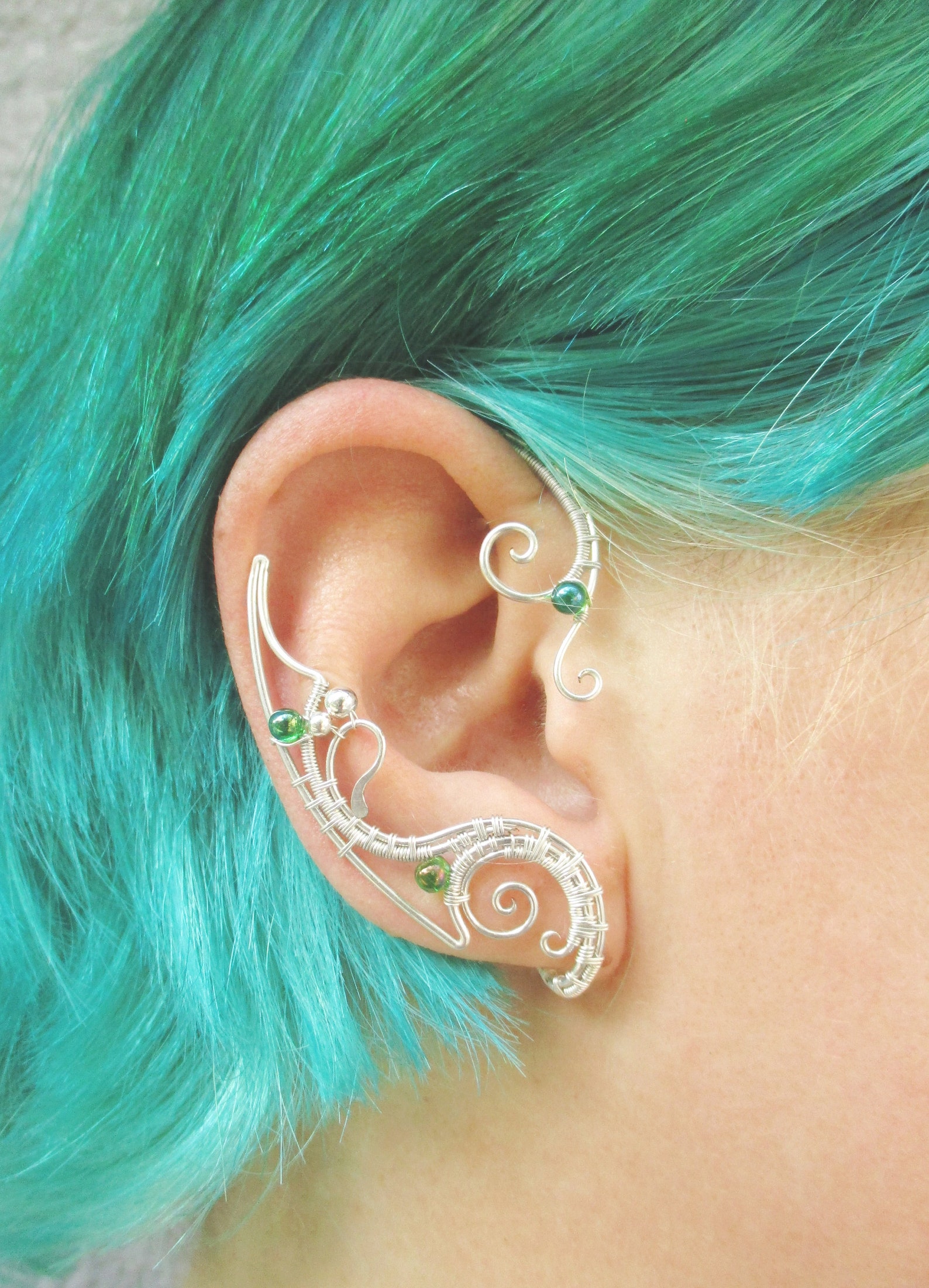 Ear Wraps Nemetres- Silver Ear Cuffs With Green Beads, Single Ear Cuff ...