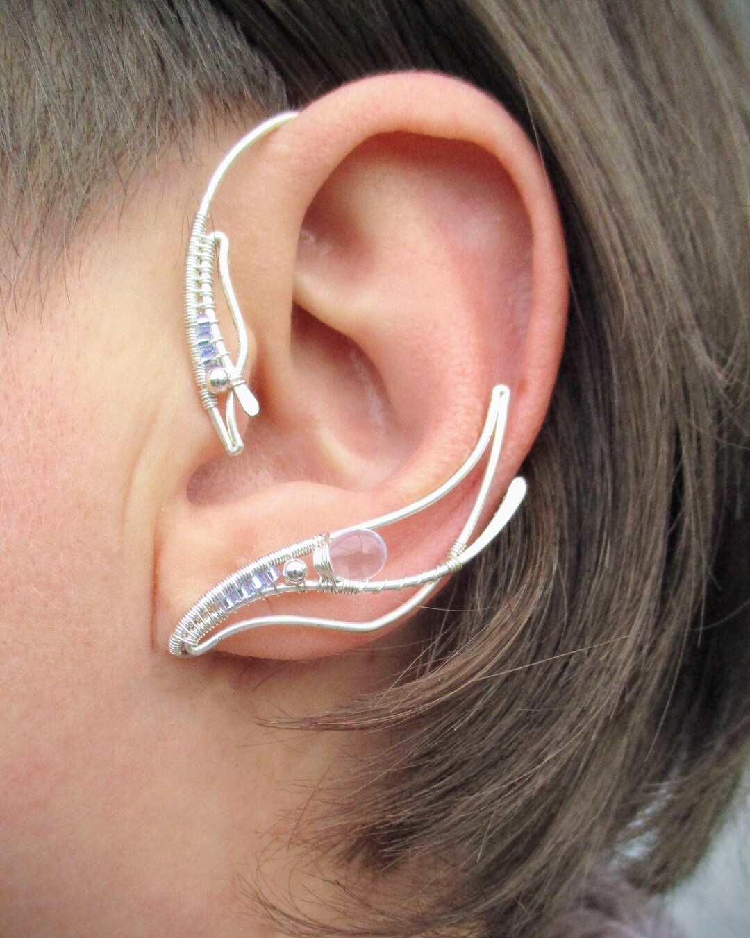 Pair of Ear Cuffs Magnolia Bloom - Ear Wraps With Pale Blue Beads ...