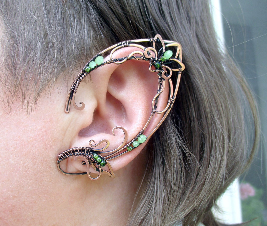 Pair of Elf Ear Cuffs Ptelea, Copper Elvish Ears, Green Beaded Floral ...