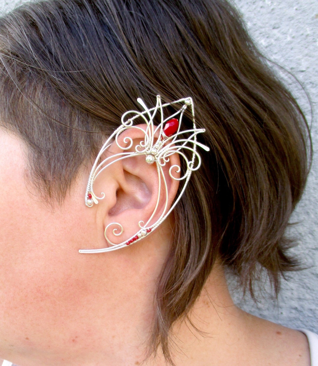 Pair of Ear Cuffs Phoebe, Metal Silver Tone Elvish Ears, Large Red ...
