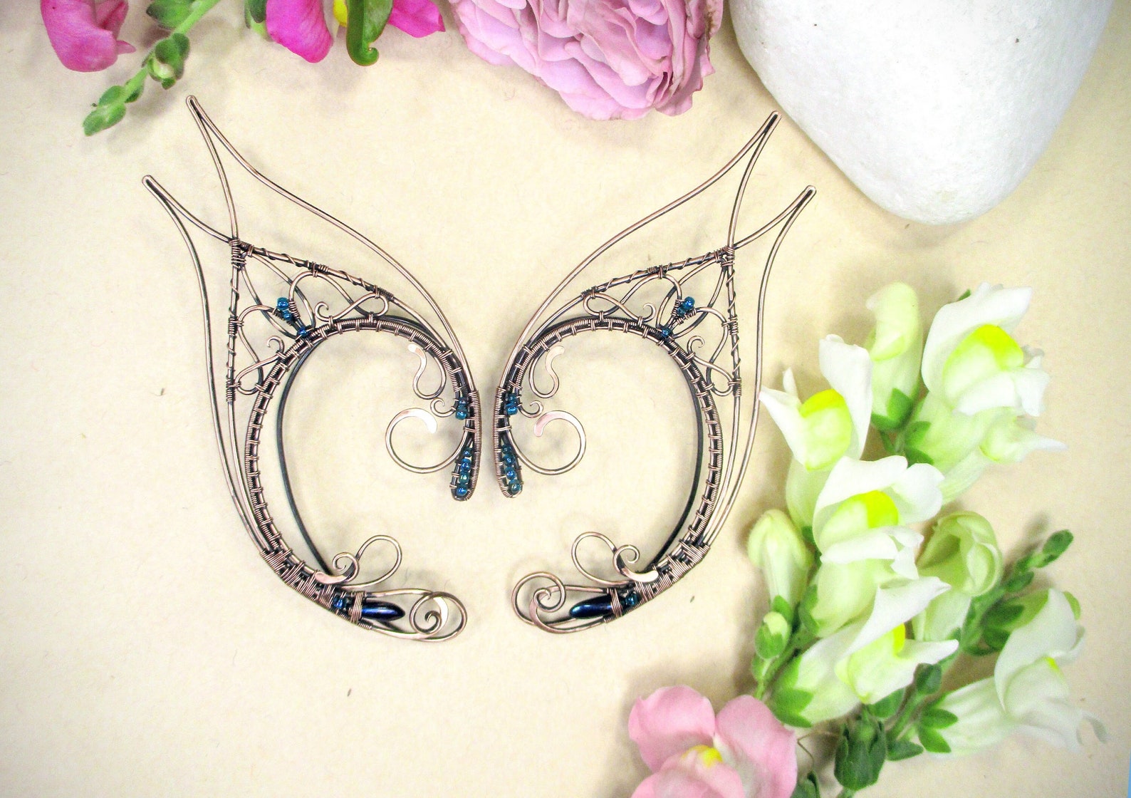 Copper Elf Ear Cuffs Erigeneia: Teal Beaded Elven Ear Jewelry, No ...