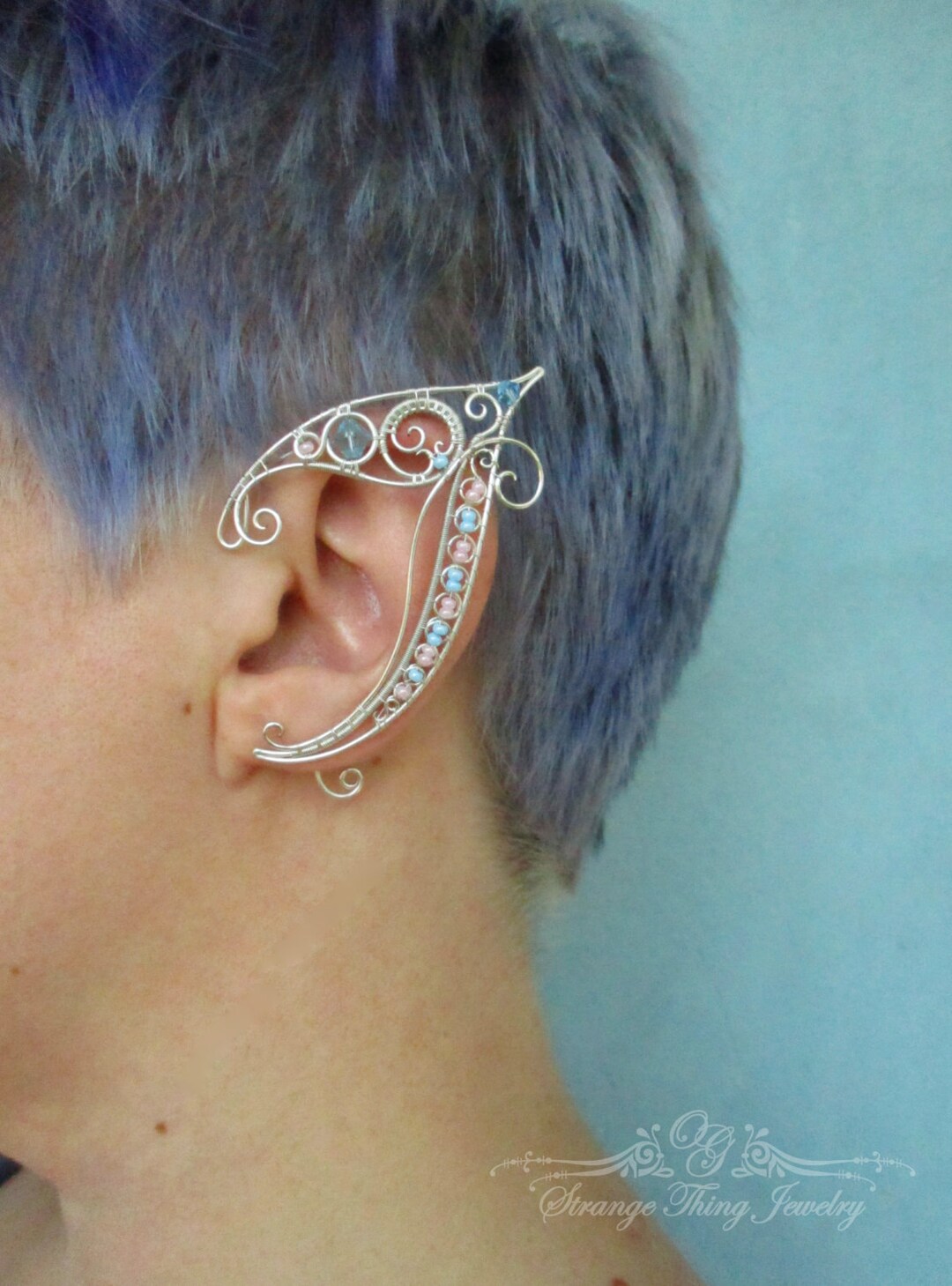 Pair of Elf Ear Cuffs Venus With Pink and Blue Beads, Metal Elf Ears ...