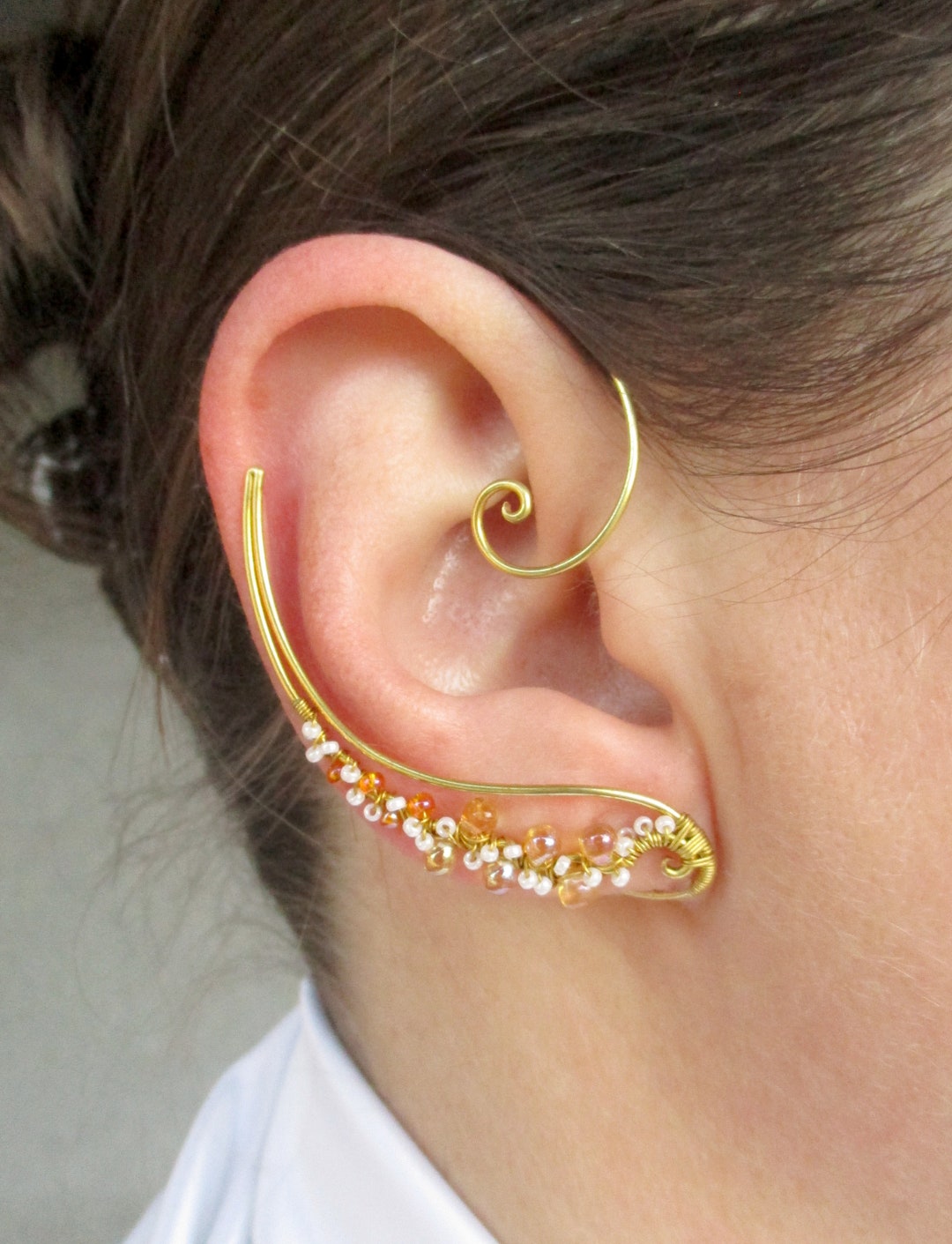 Brass Ear Cuffs Io - Yellow and White Beaded Ear Wraps, Single Earring ...
