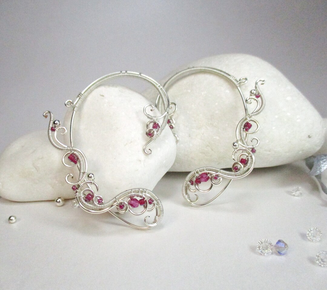 Pink Beaded Ear Cuffs Vine - Pink Ruby Ear Cuffs - Elf Earrings - Ear ...