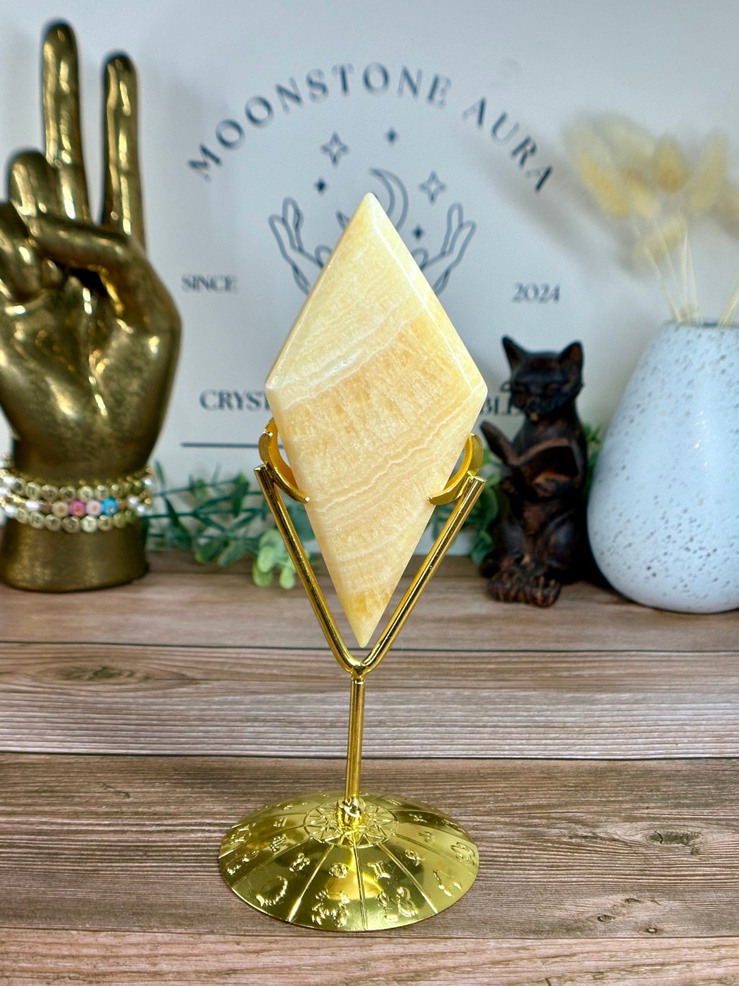 Yellow-banded Calcite Diamond Crystal Rock With Astrological Stand for ...