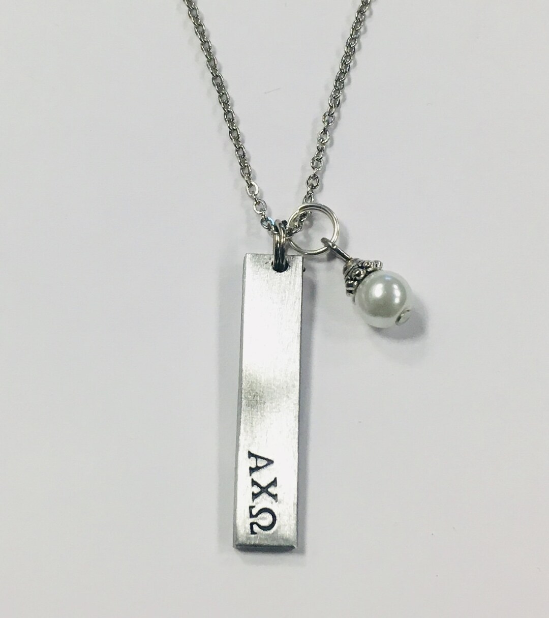 Alpha Chi Omega Sorority Silver Bar Pendant Necklace With Glass Pearl ...