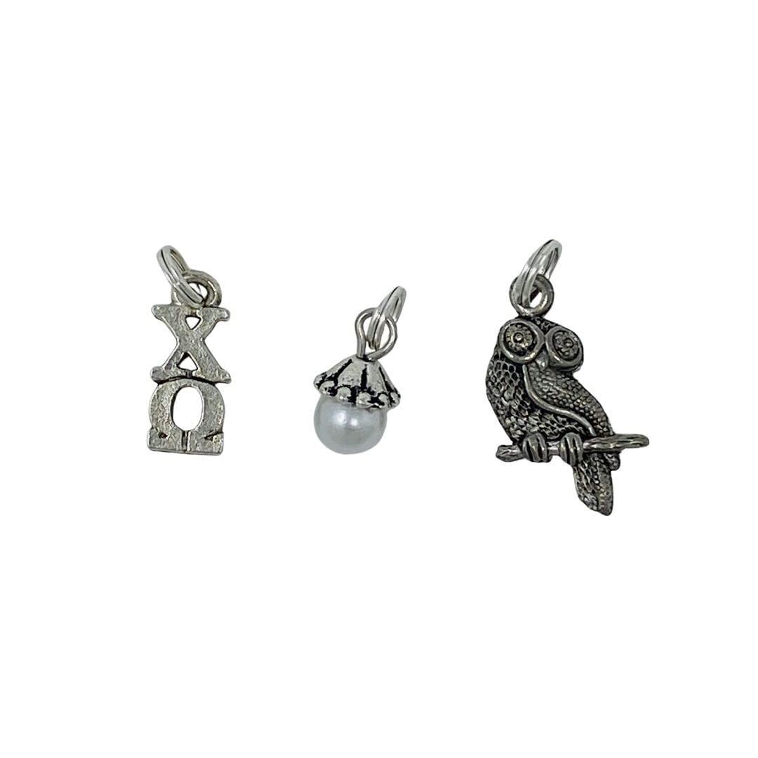 Chi Omega Chi O CO XO Sorority Greek Trio of Charms - Owl Mascot Charm ...