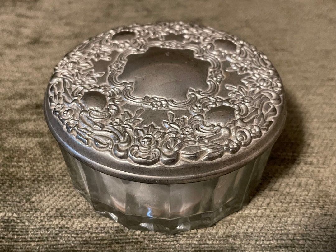 Pressed Clear Glass Powder Box W/ Ornate Silver Plate Metal Lid, Mirror ...
