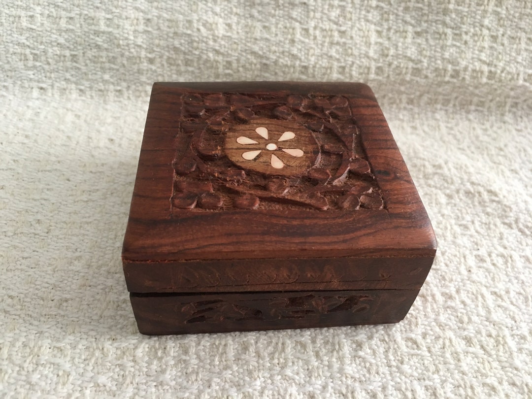 Hand Carved Square Wood Box, Bone Shell Inlay Floral Geometric Design ...