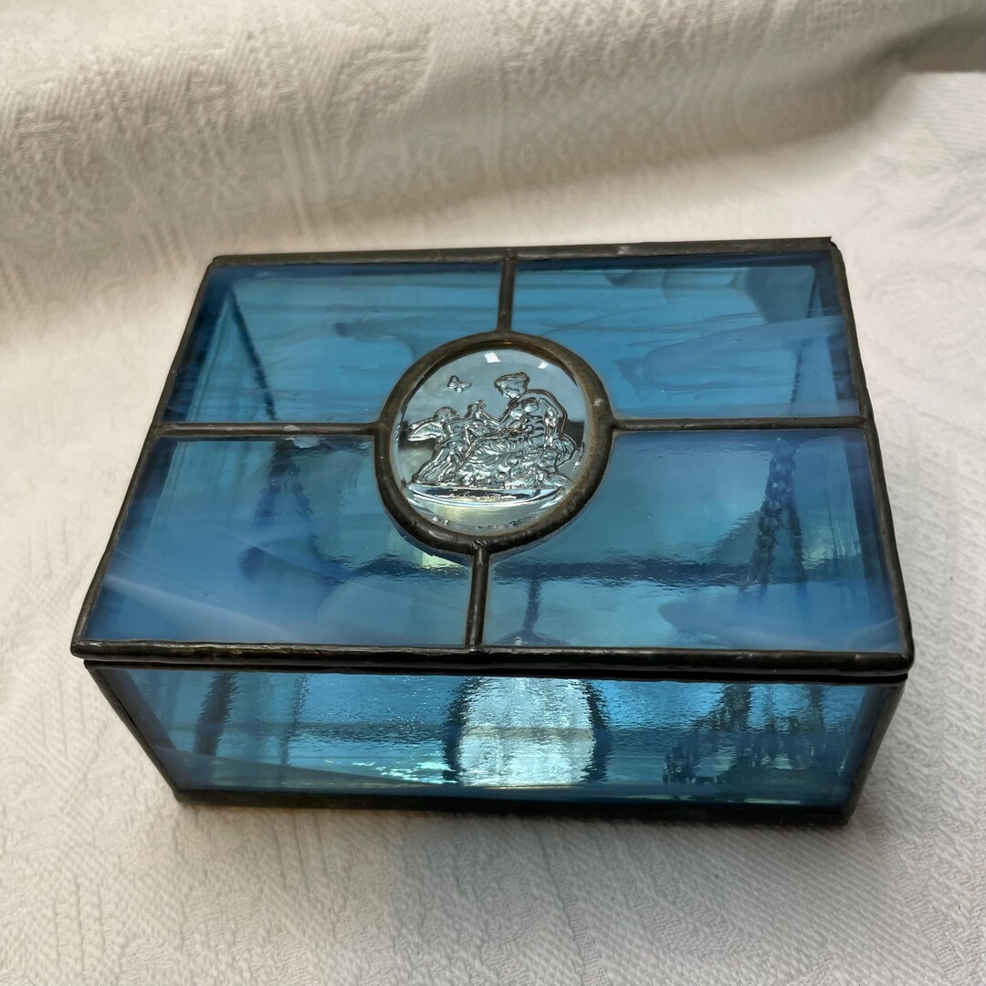 Blue Lead Glass Trinket Box W Lid and Chain, Embossed Clear Glass Oval ...