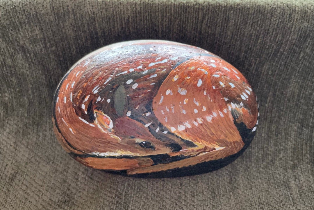 Hand Painted Baby Deer Fawn Stone, Forest Fawn Rock, Painted Deer Rock ...