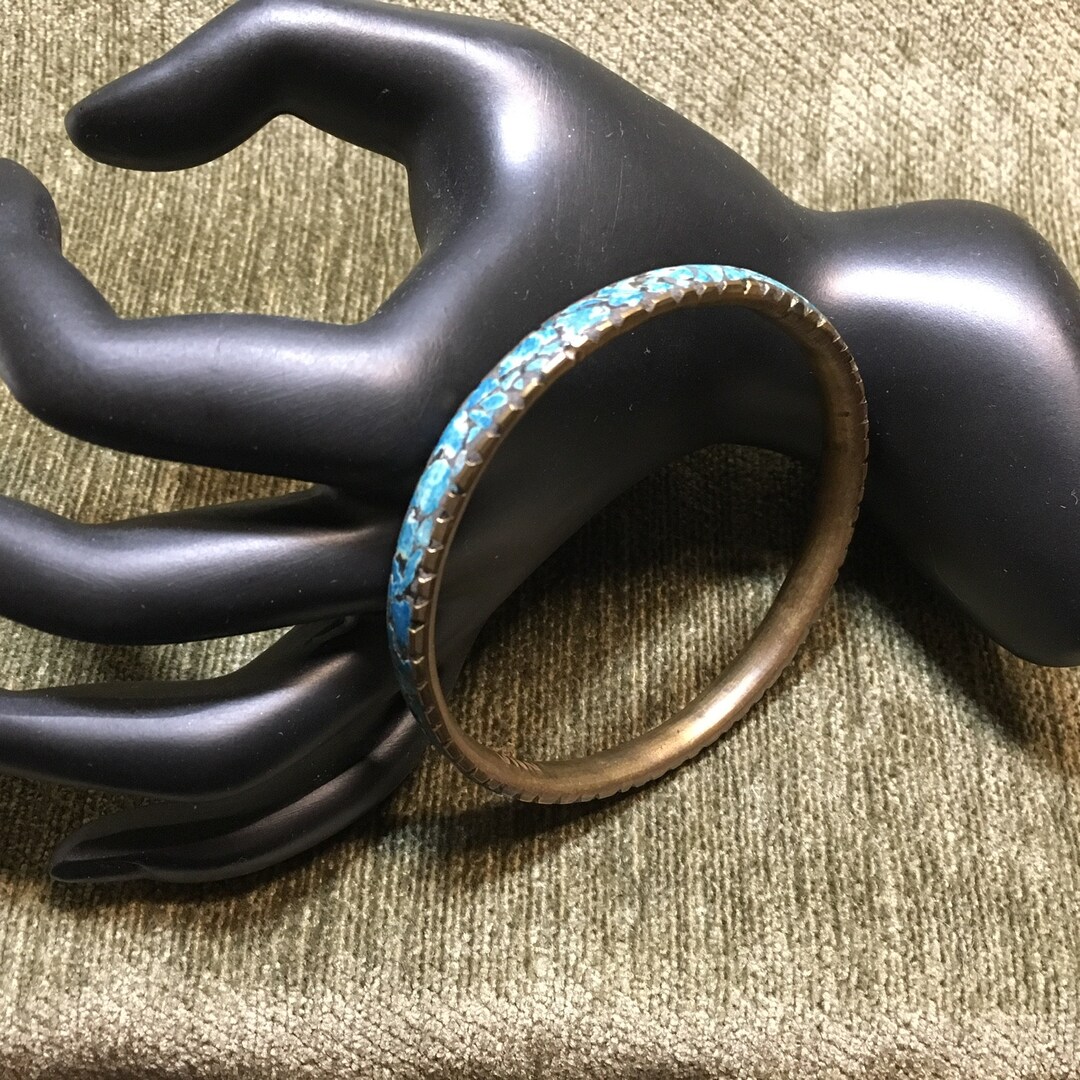 Brass Bangle With Turquoise Colored Chips, Hand Crafted Blue Mosaic ...