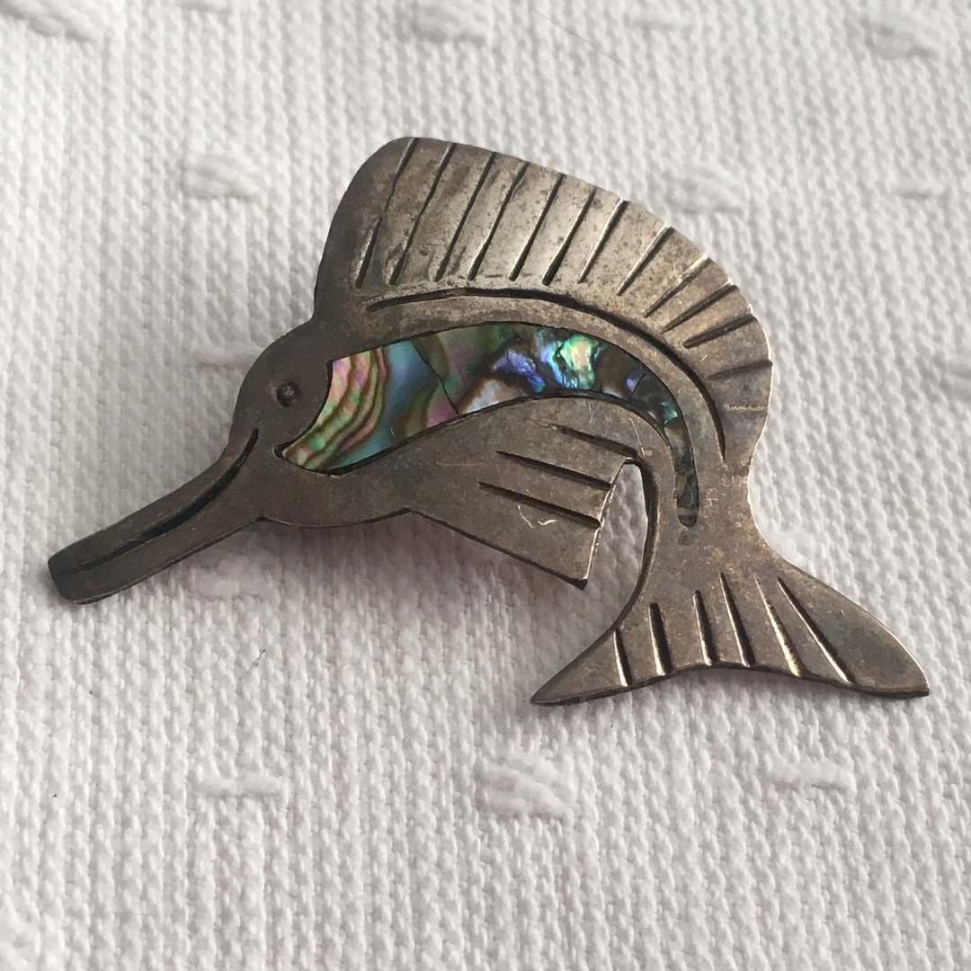 Sterling Swordfish Sailfish Marlin Pin Brooch, Abalone Inlay, Mother of ...