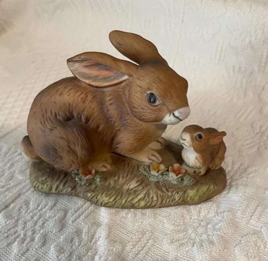 Rabbit Figurine, Mother and Baby Rabbit by Enesco, E3006 on Base, Hand ...