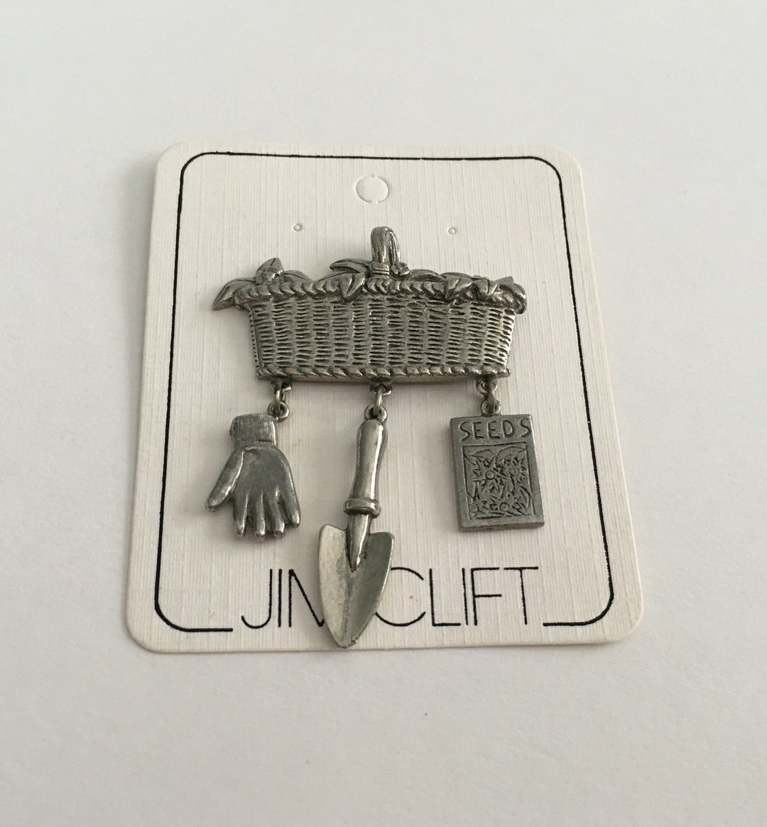 Jim Clift Hand Cast Pewter Garden Basket Tools Pin Brooch, Garden Glove ...