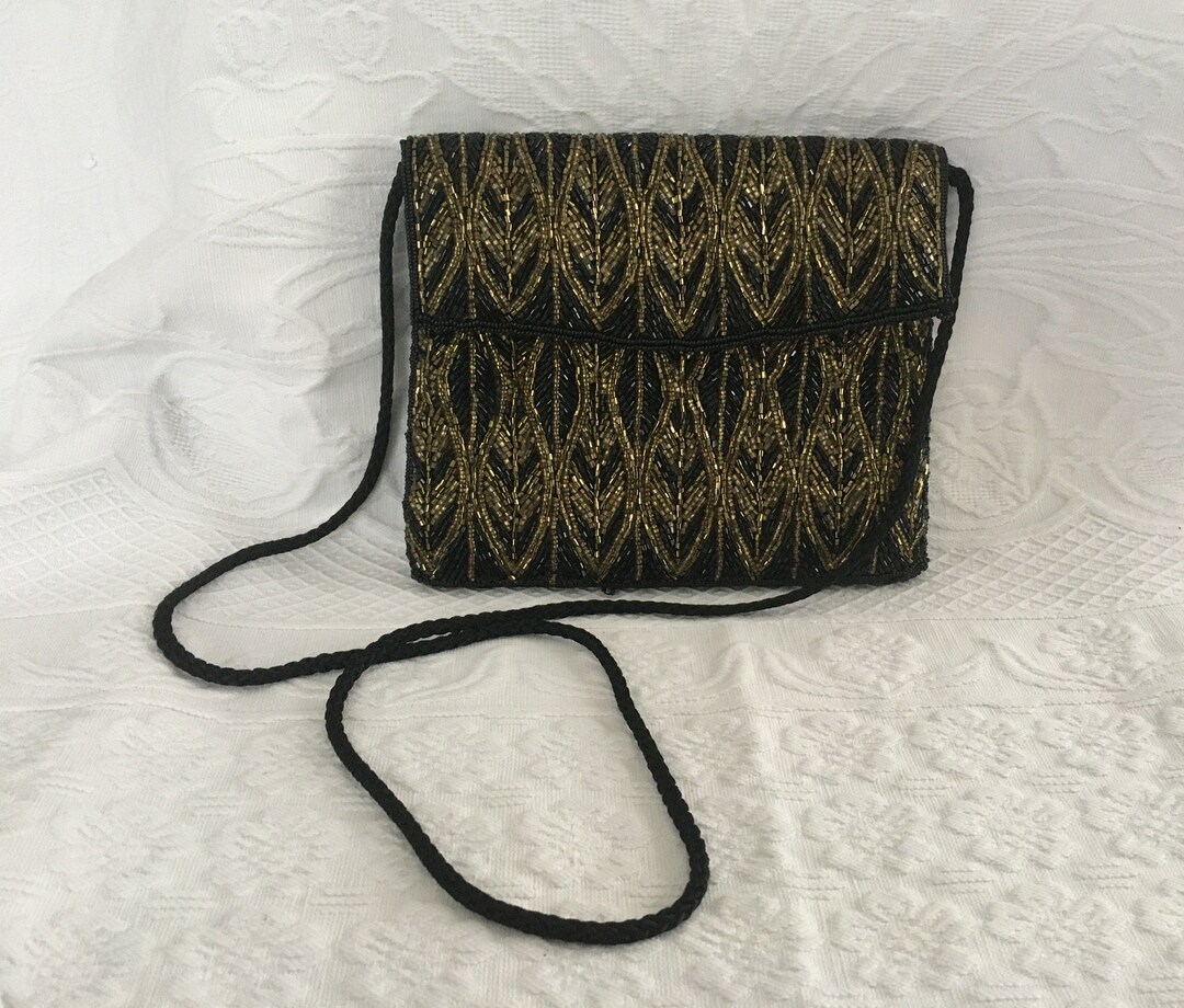 Magid Black and Gold Beaded Evening Clutch Shoulder Bag, Art Deco Look ...