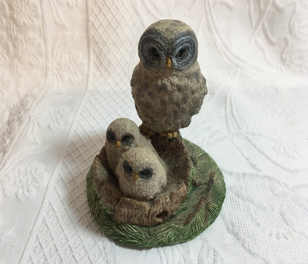 Charmstone Owl With Babies in Nest Figurine, Hand Painted Cold Cast ...